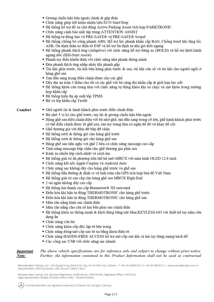 Thông số kỹ thuật catalogue Mercedes-Benz S450 2023